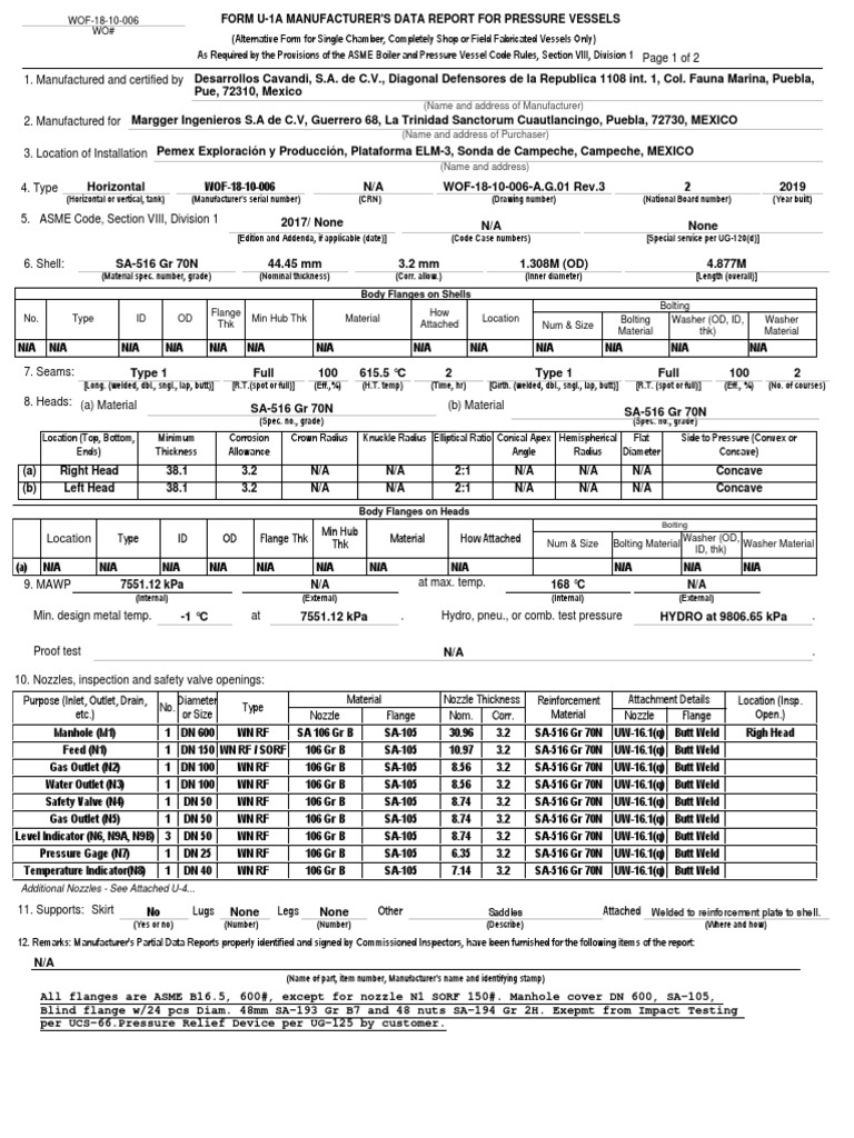 (Name and Address of Manufacturer) : Body Flanges On Shells | PDF | Gas ...
