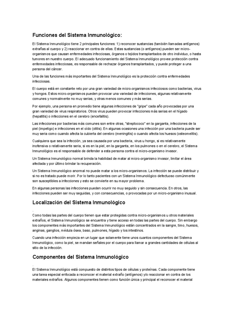 Funciones Del Sistema Inmunológico | PDF | Sistema inmune | Linfocitos