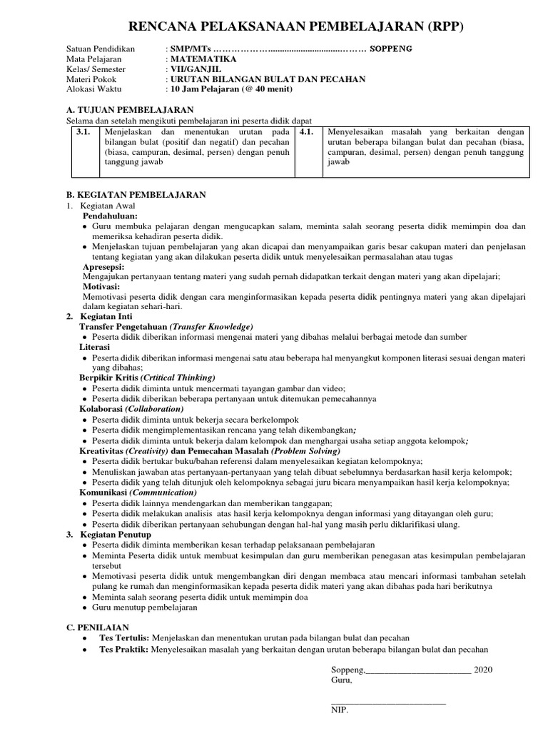SMP-MTs-Contoh RPP-1 Lembar-MUSTAFA | PDF