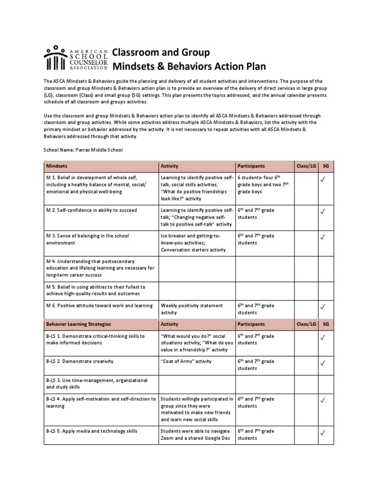 ASCA Classroom Mindsets & Behaviors Plan | PDF | Friendship | Mindset