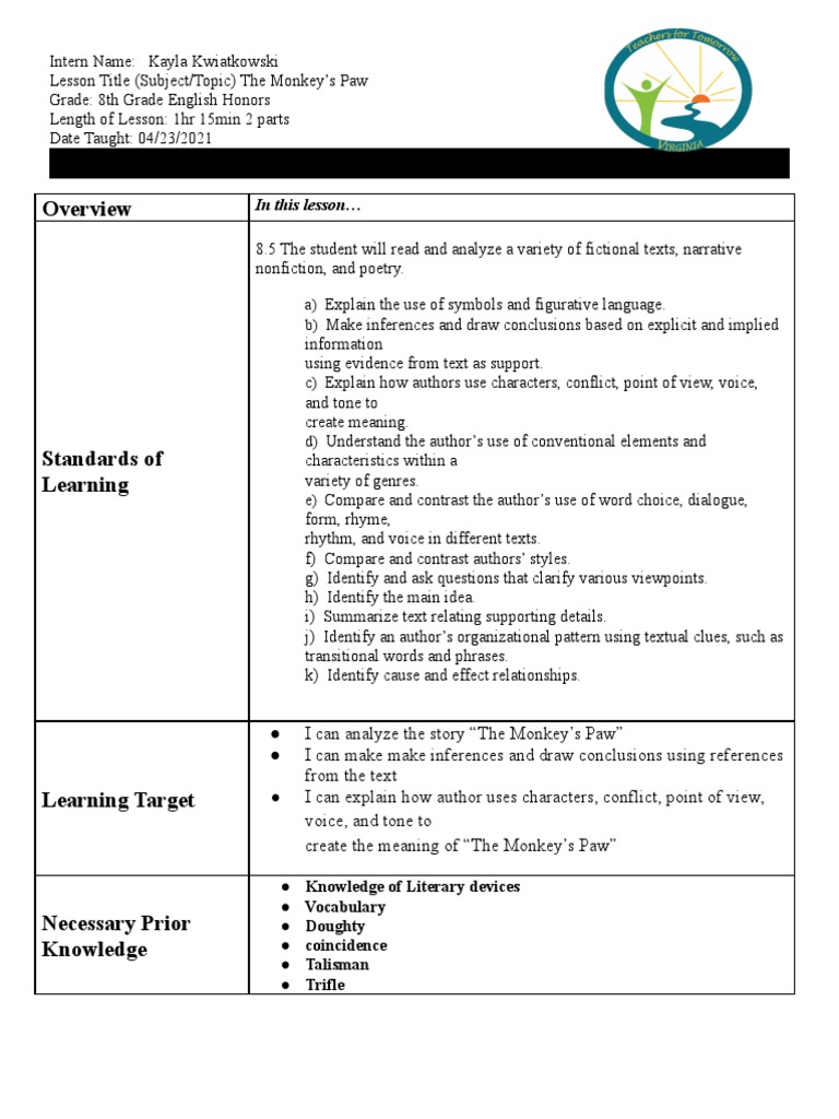 8th Grade Lesson: Analyzing "The Monkey's Paw" | PDF | Narration ...