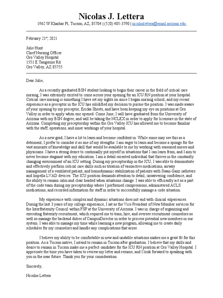 Nlettera Cover Letter 478 | PDF | Intensive Care Unit | Nursing