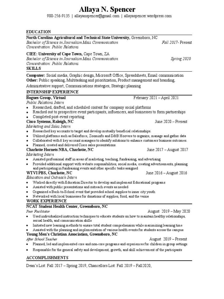 Allaya Spencer Resume | PDF | Public Relations | Marketing