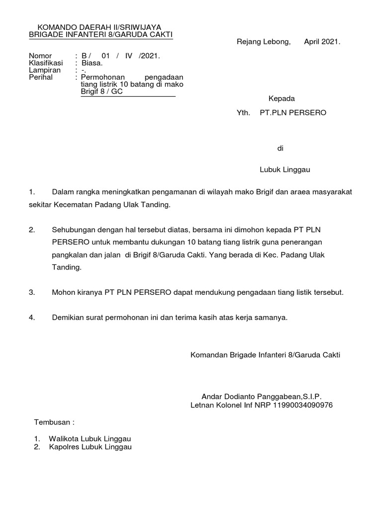 Permohonan Tiang Listrik Brigif 8 | PDF