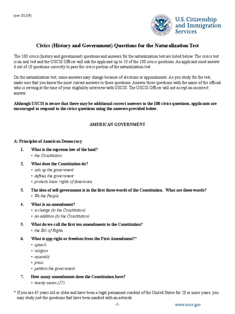 USCIS 100 Civics Questions Guide | PDF | United States Secretary Of ...