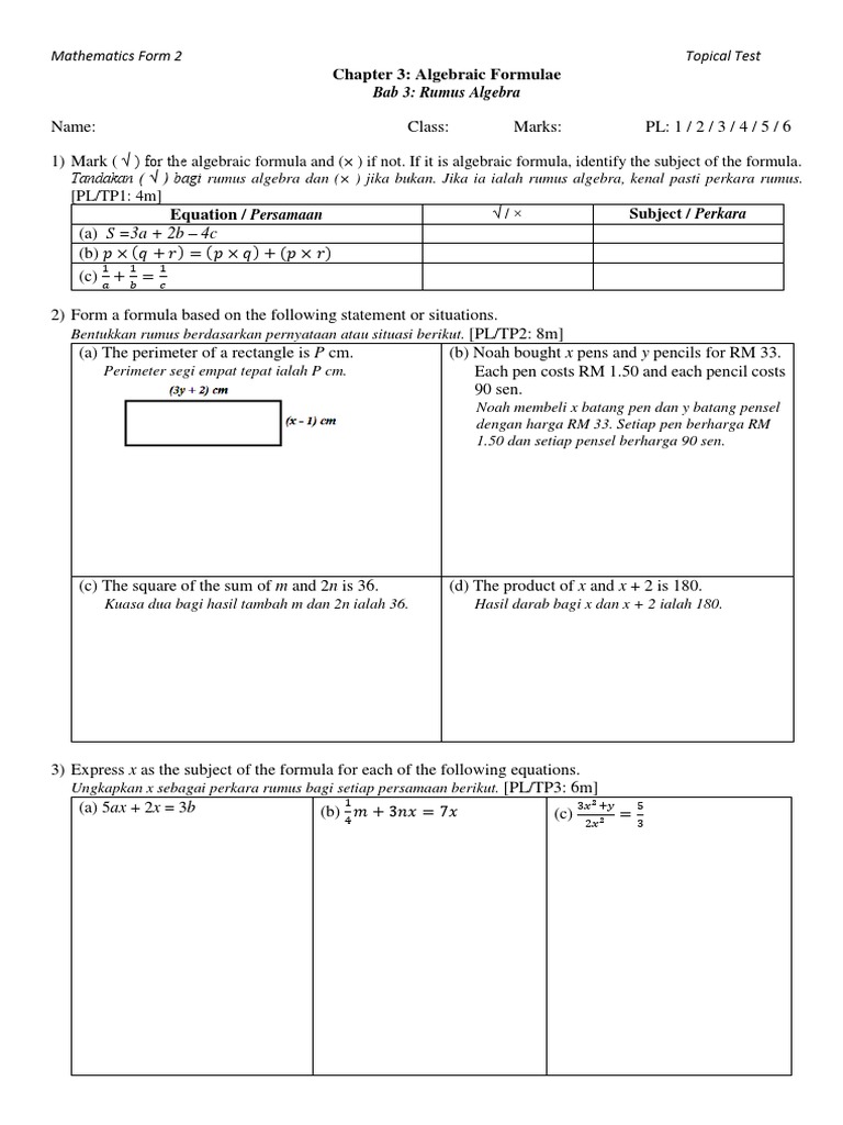 FORM 2 Topical Test C3 | PDF | Algebra | Elementary Mathematics