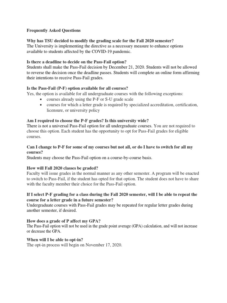 Frequently Asked Questions - Pass Fail Option Fall 2020 | PDF | Course ...