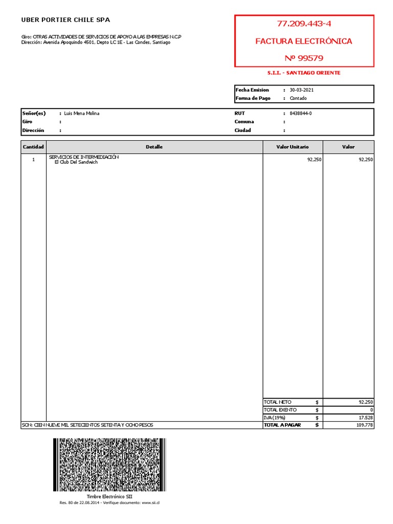RUT y Factura de Uber Chile Spa | PDF