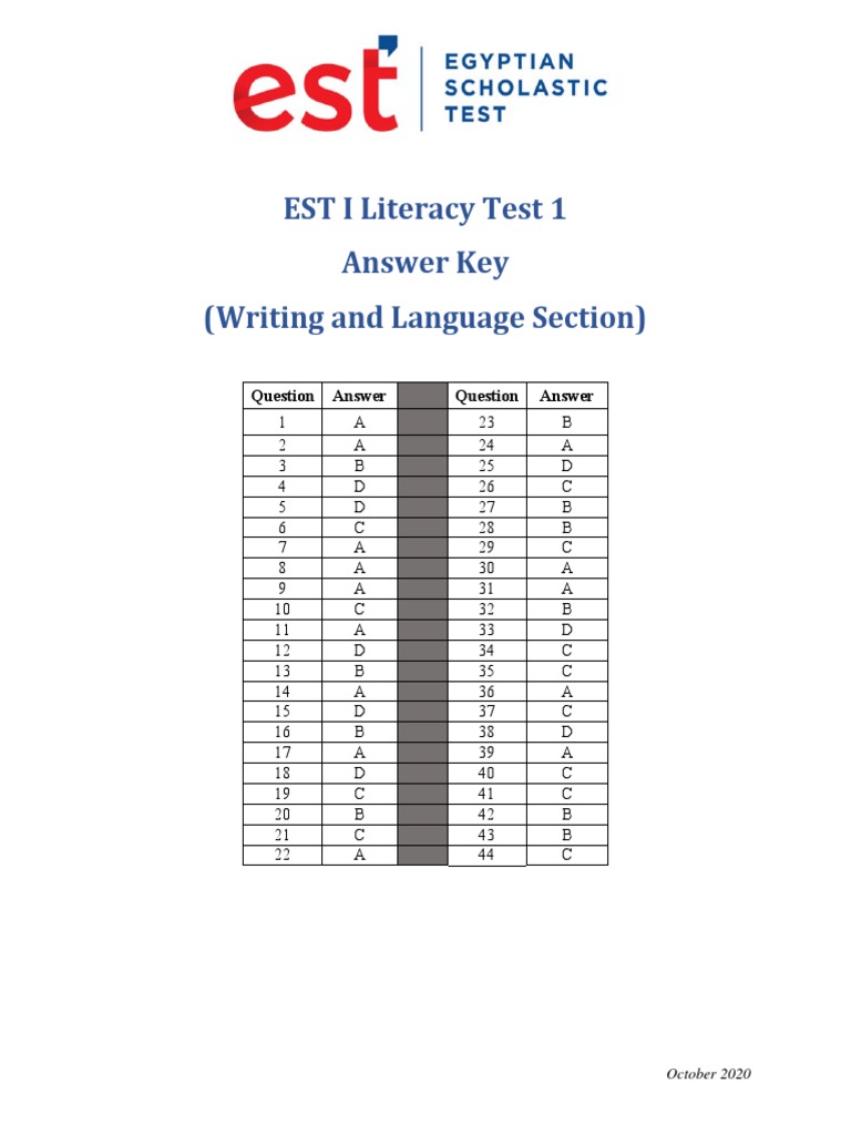 EST I Literacy Test I - Answer Key - Writing and Language Section | PDF