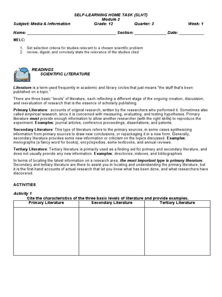 Self-Learning Home Task (SLHT) Subject: Media & Information Grade: 12 ...
