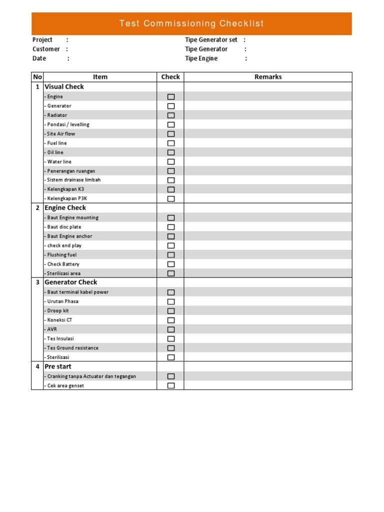 Test Commissioning Checklist: No Item Check Remarks Visual Check | PDF