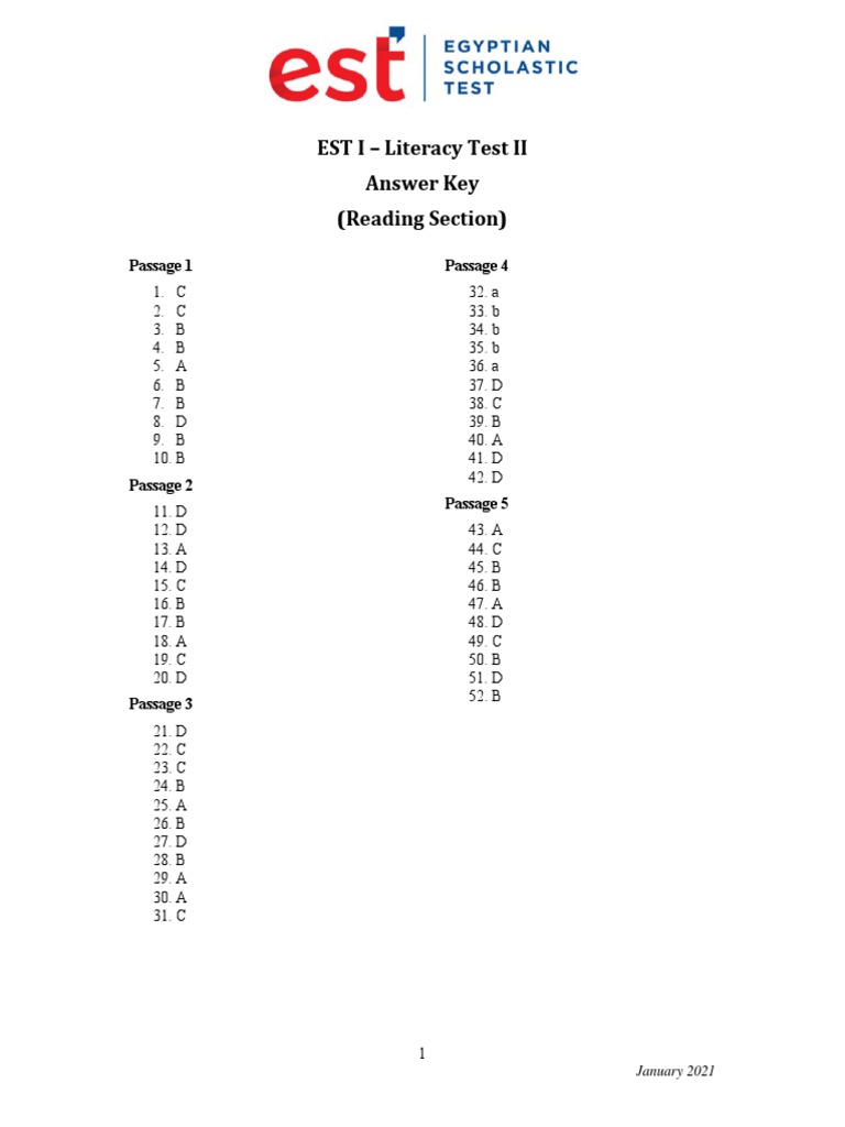 EST - Reading Comprehension - Answer Key | PDF