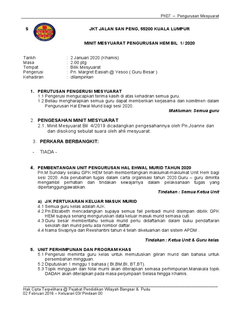 Minit Mesyuarat Pengurusan HEM 12020 | PDF