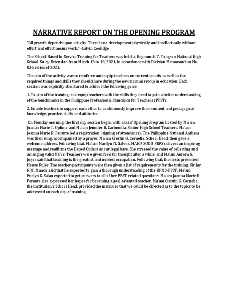 OPENING & CLOSING PROGRAM NARRATIVE REPORT (Grade 7) | PDF | Pedagogy ...