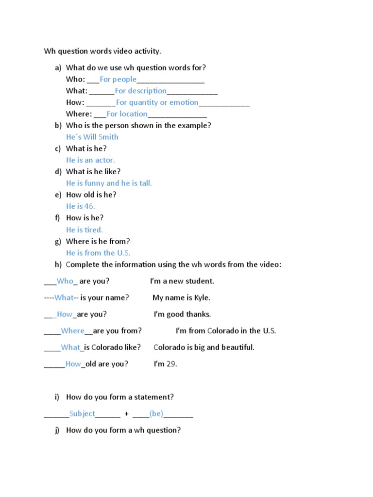 Unit 1 B. WH Question Words Video Activity | PDF