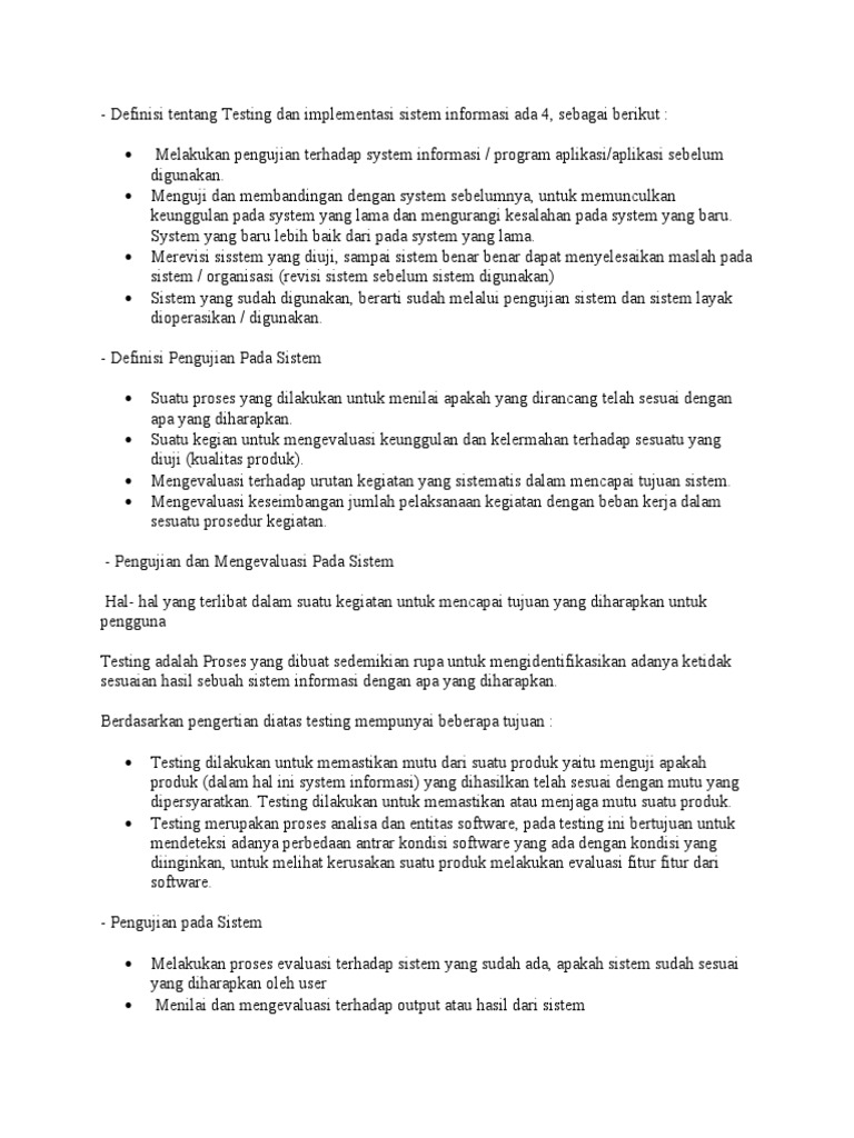 Definisi Tentang Testing Dan Implementasi Sistem Informasi Ada 4 | PDF