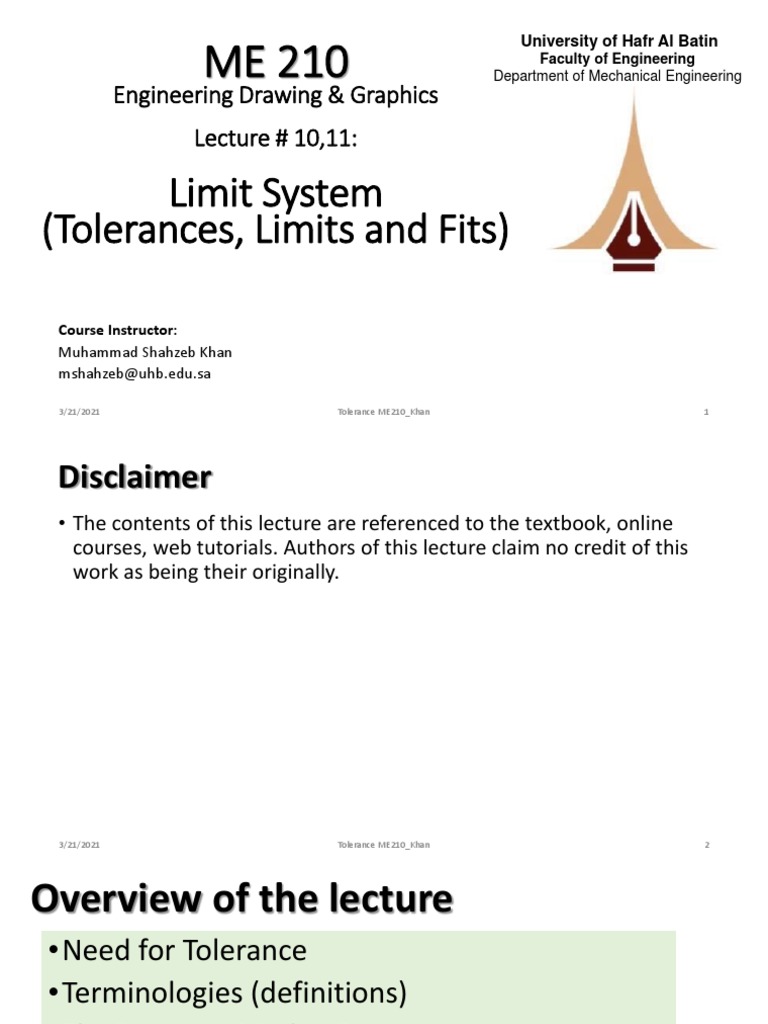 Limit System (Tolerances, Limits and Fits) : Engineering Drawing & Graphics Lecture # 10,11 ...