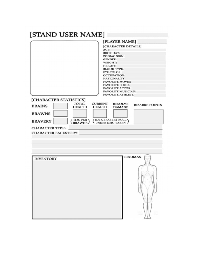 Jojos Bizarre Character Sheet Editable | PDF