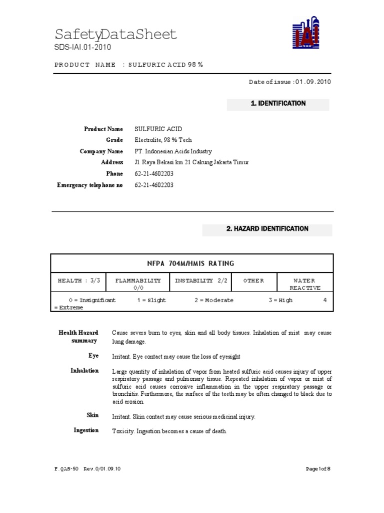 MSDS H2so4 | PDF | Dangerous Goods | Sulfuric Acid