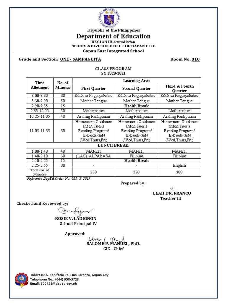 FINAL Class Program New Normal GRADE ONE | PDF | Educational Organizations | Philippines