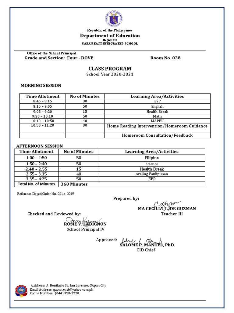 Grade 4 Class Schedule 2020-2021 | PDF | Schools | Social Institutions