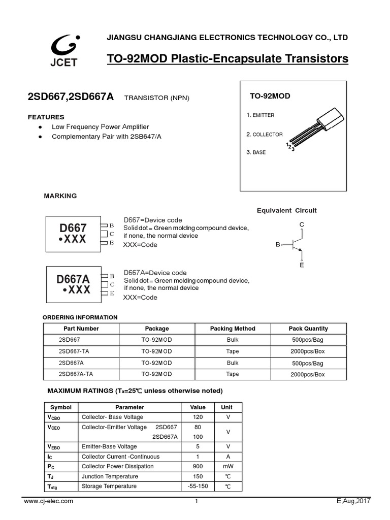 TO-92MOD Plastic-Encapsulate Transistors: 2SD667,2SD667A | PDF | Bipolar Junction Transistor ...