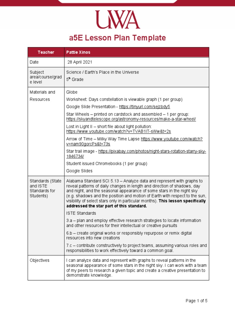 Ed508-5e-Lesson-Plan-Fifth Grade | PDF | Constellation | Science Education