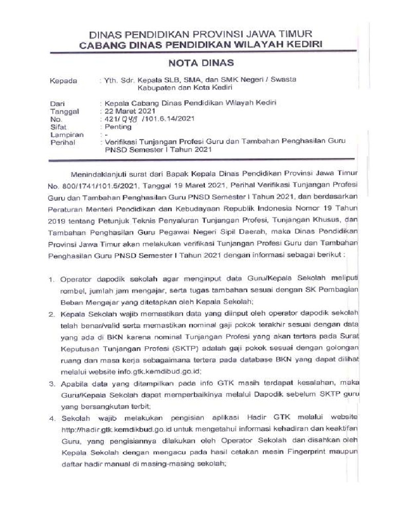 Nota Dinas Verifikasi TPP & Tamsil 2021 - Kediri | PDF