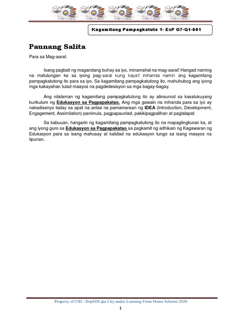 Grade 7 ESP-SLM 1st Quarter Week 1 Part 1 | PDF