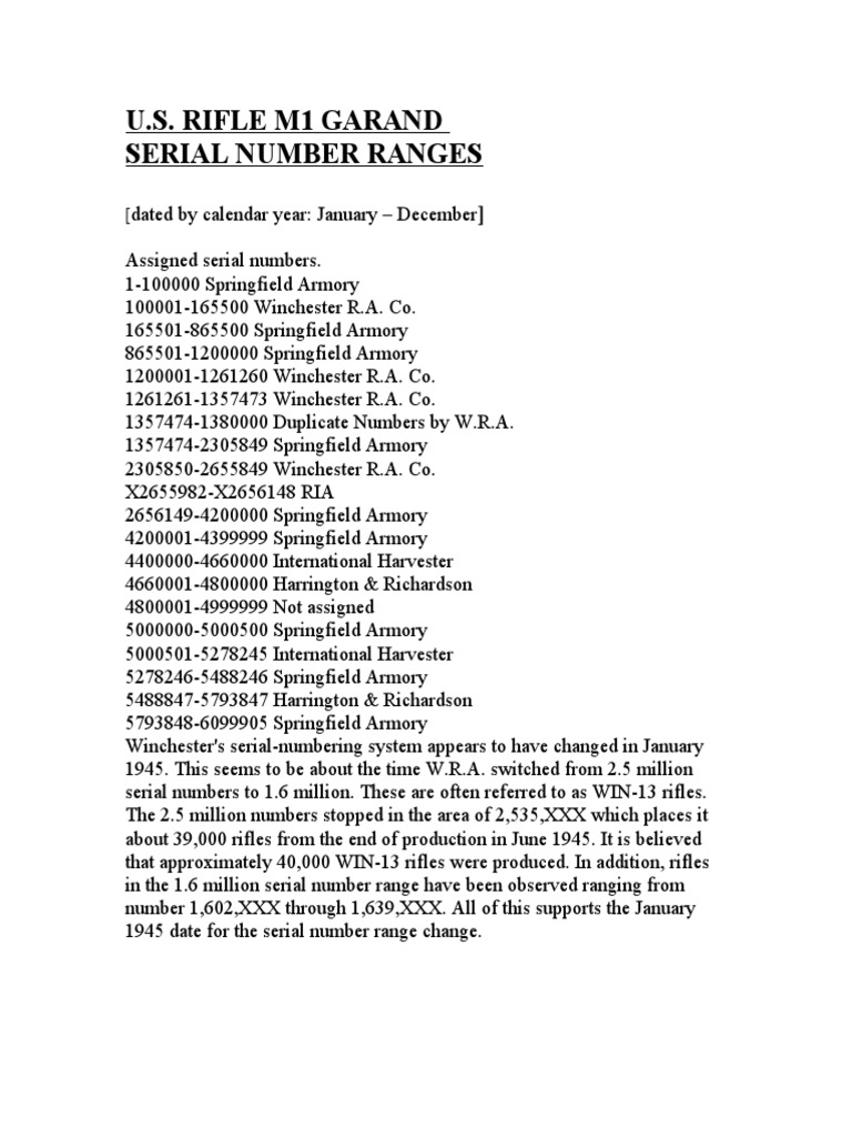US M1 GARAND Rifle Serial Number Ranges | PDF | Rifle | Military Science