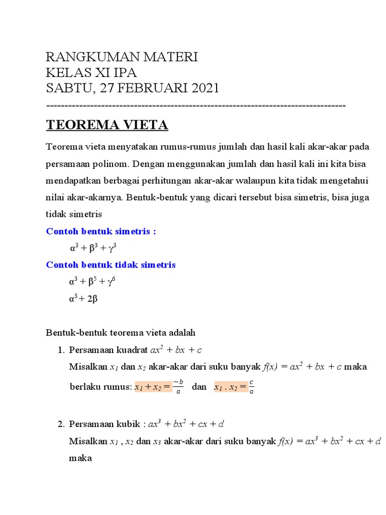 Rumus Teorema Vieta Derajat Tinggi | PDF