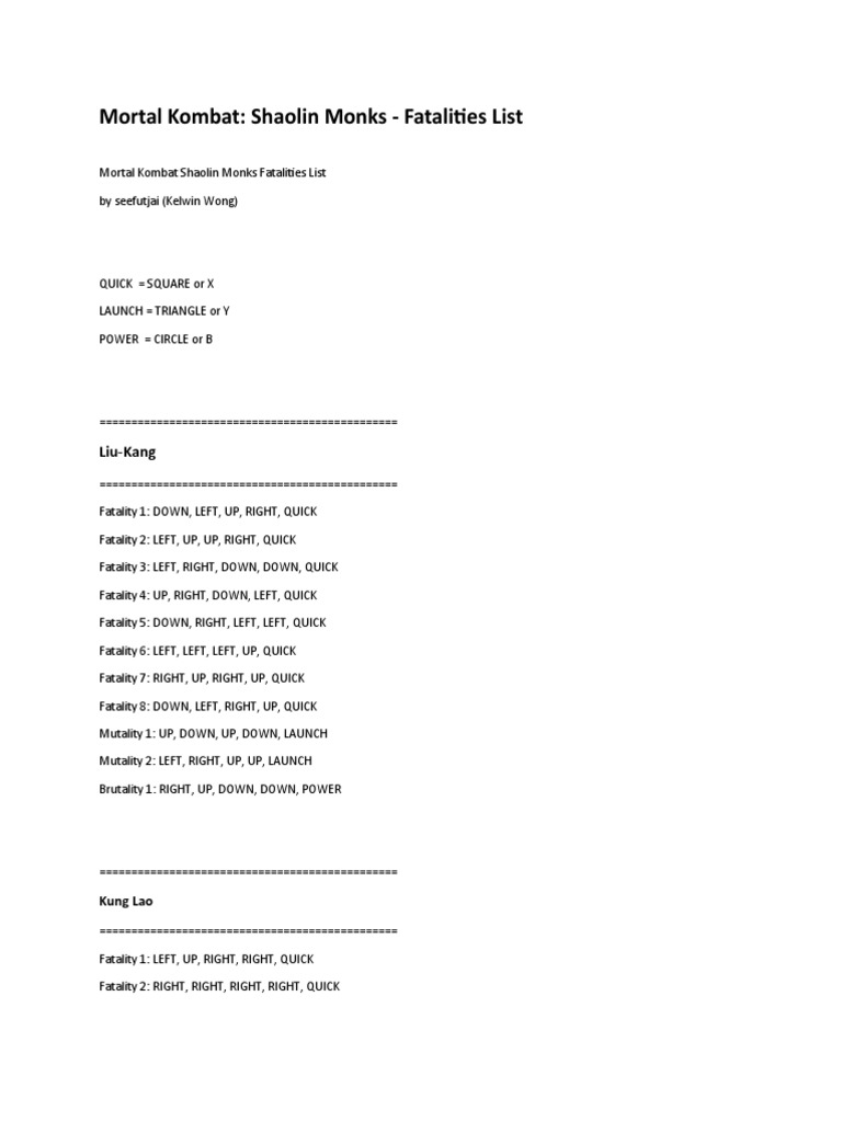 Mortal Kombat: Shaolin Monks - Fatalities List: Liu-Kang | PDF ...