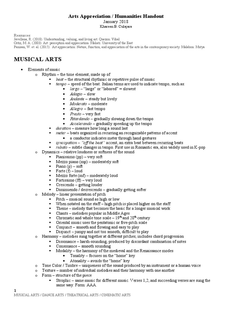 Musical Arts: Arts Appreciation / Humanities Handout | PDF | Tempo ...