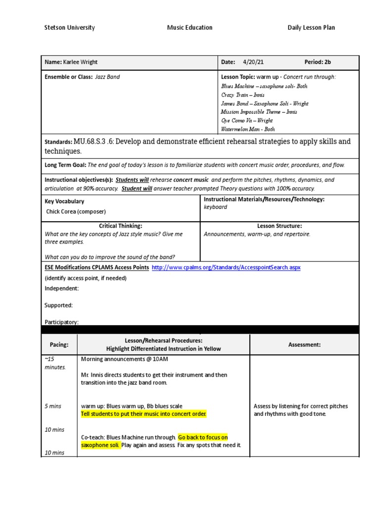 Jazz Band Lesson Plan | PDF | Saxophone | Lesson Plan