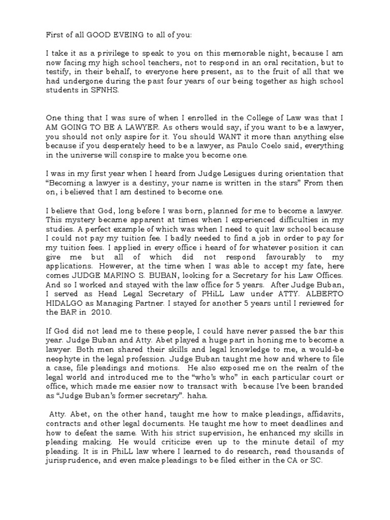 Testimonial Speech | PDF | Lawyer | Justice