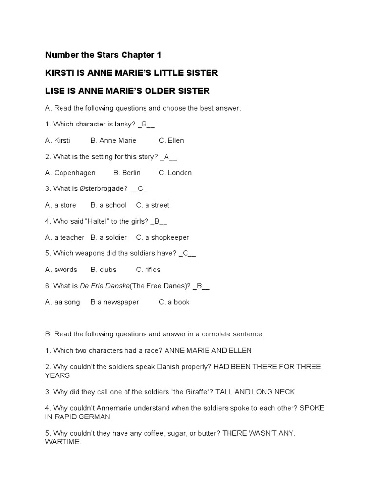 Number The Stars - Chapters 1 and 2 Key | PDF