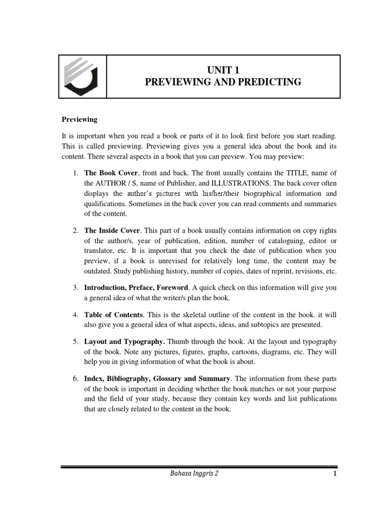 UNIT 1 Previewing and Predicting | PDF | Books | Reason