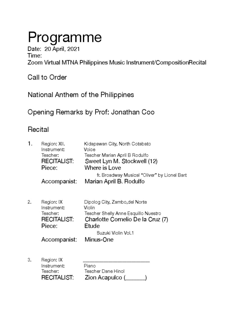 Programme: Call To Order National Anthem of The Philippines Opening ...