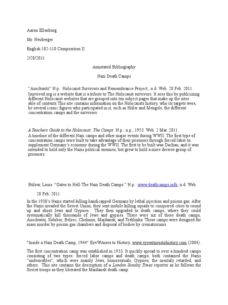 Aaron Ellenbur Annotated Bibliography | PDF | Extermination Camp | The ...