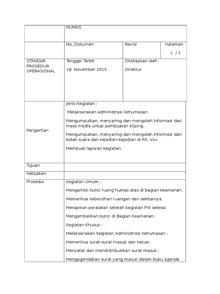 Sop Humas Rumah Sakit | PDF