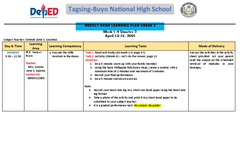 Weekly-Home-Learning-Plan-in-PE Week 1 - 4 | PDF