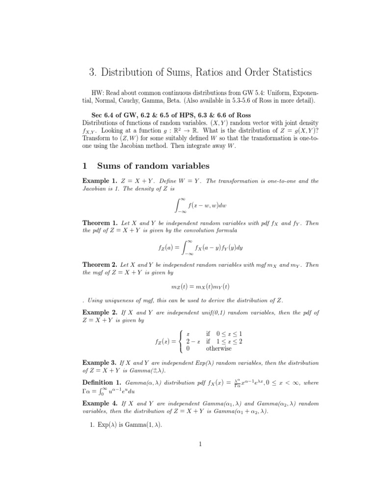 Distribution of Sums, Ratios and Order Statistics | PDF | Probability ...