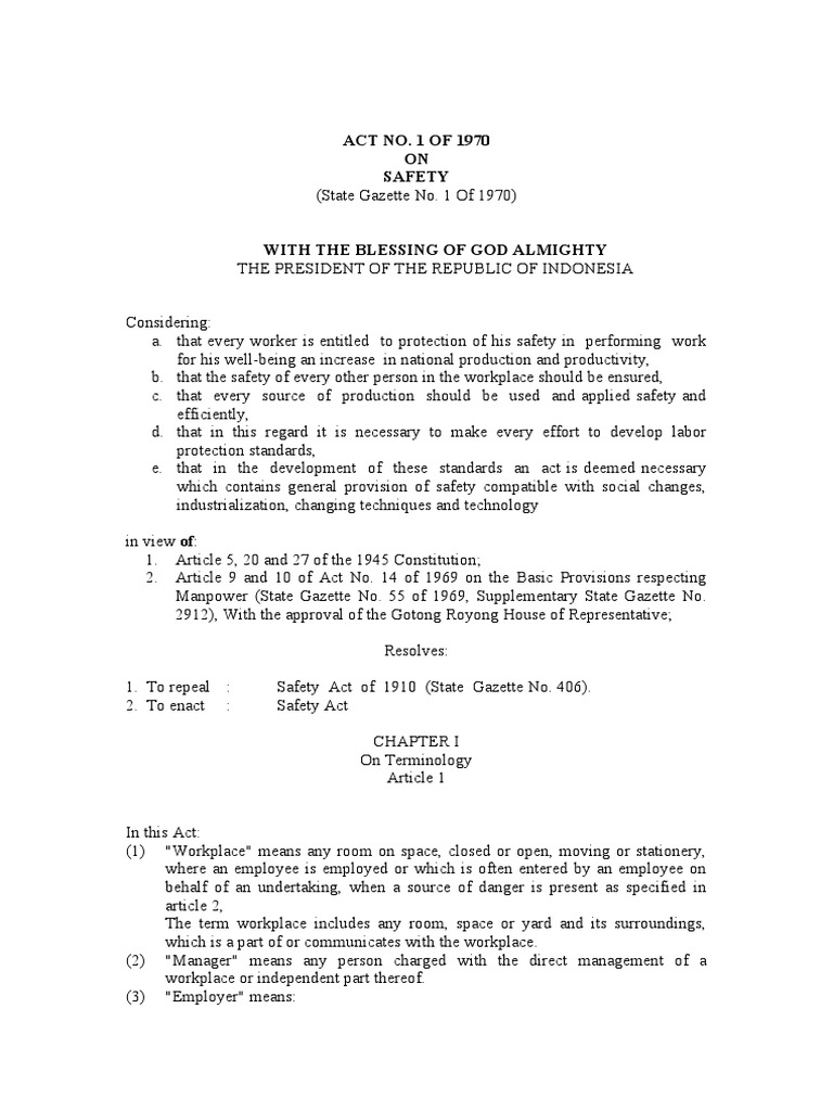 UU No. 1 1970 English | PDF | Occupational Safety And Health | Safety