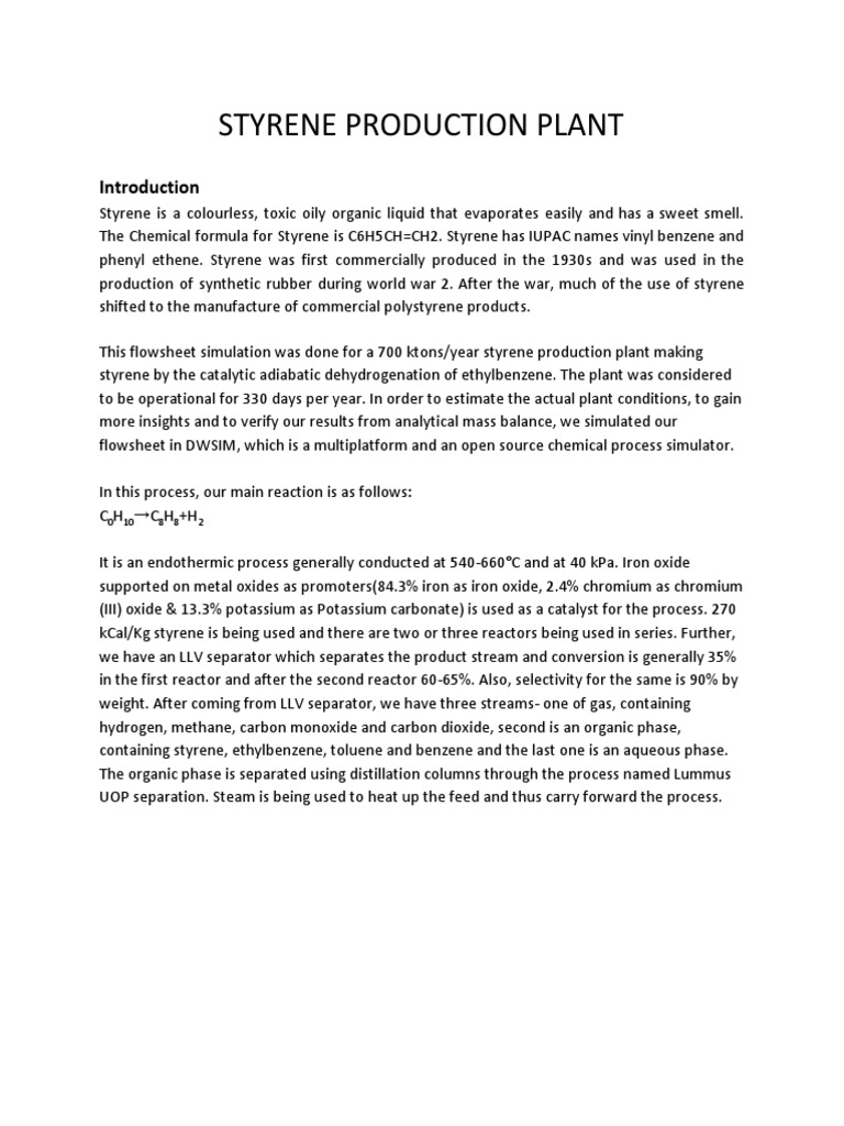 Styrene Production Plant Dwsim Flowsheet | PDF | Chemical Reactor ...