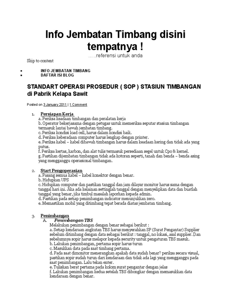 Standart Operasi Prosedur (Sop) Stasiun Timbangan | PDF