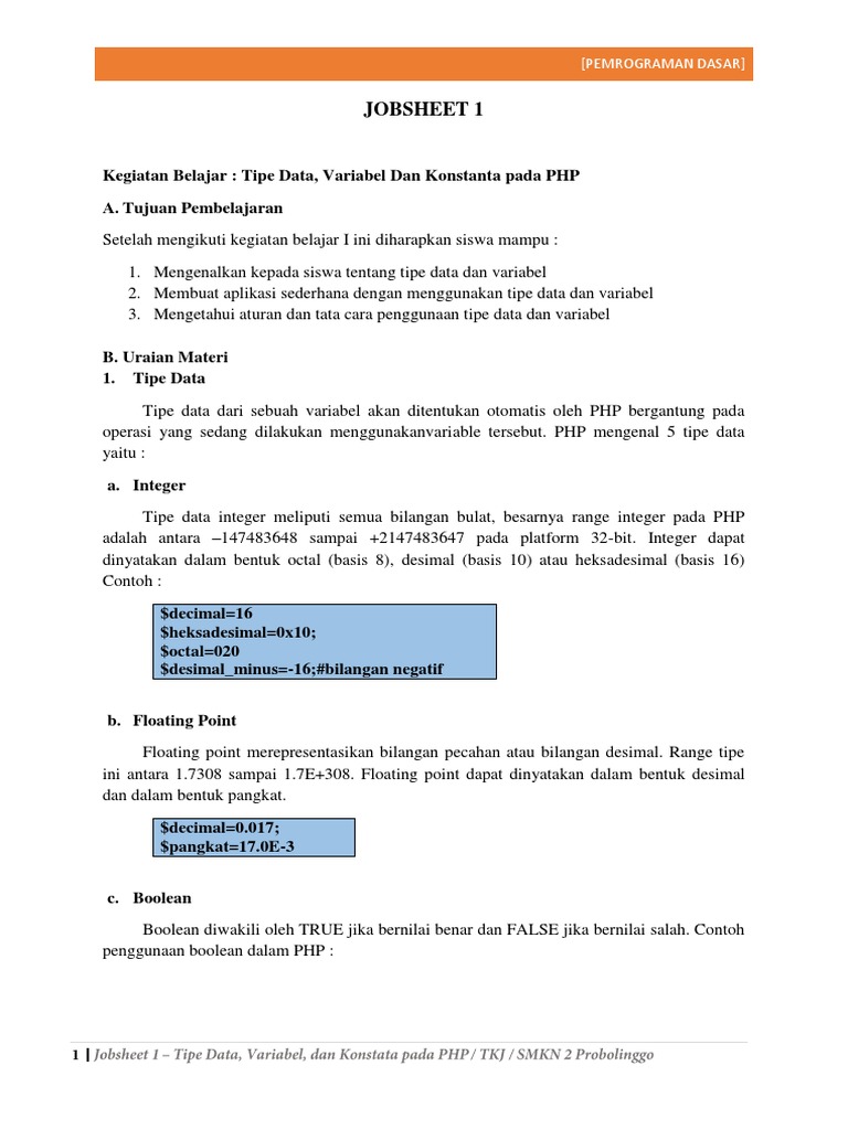 Jobsheet 1 - Tipe Data, Variabel, Konstanta | PDF
