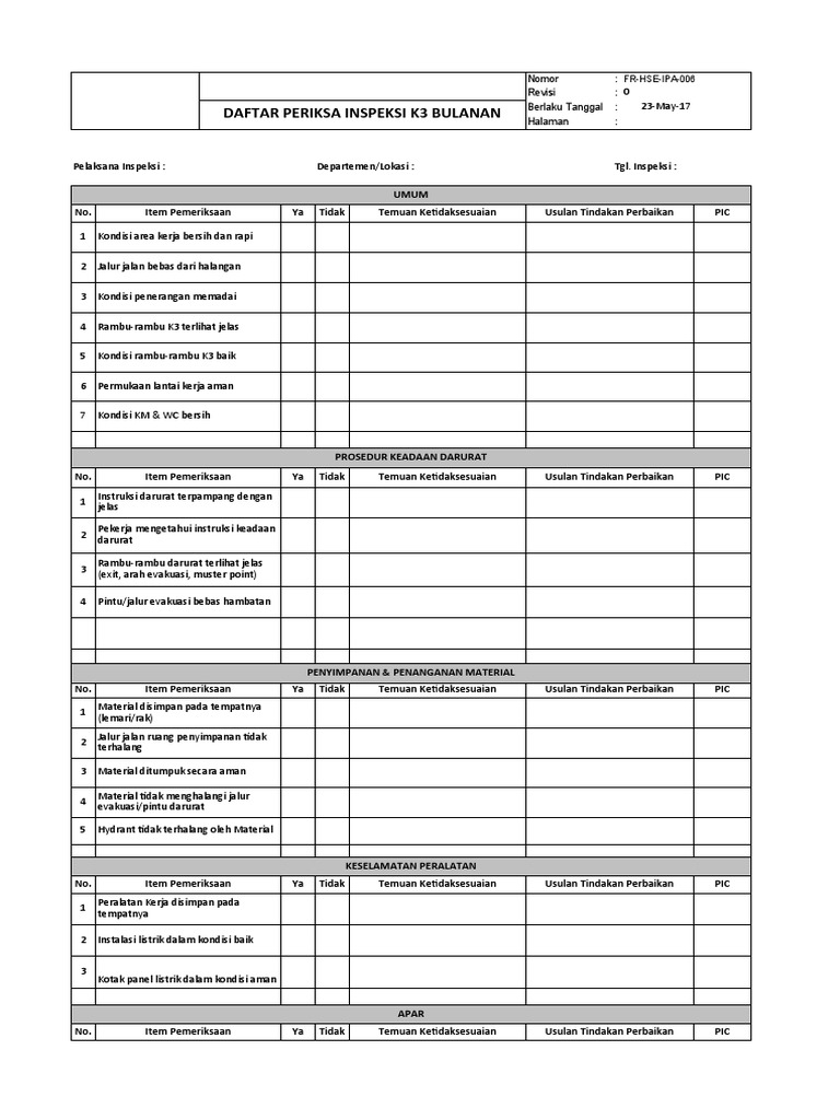 Form Checklist Inspeksi Tempat Kerja | PDF