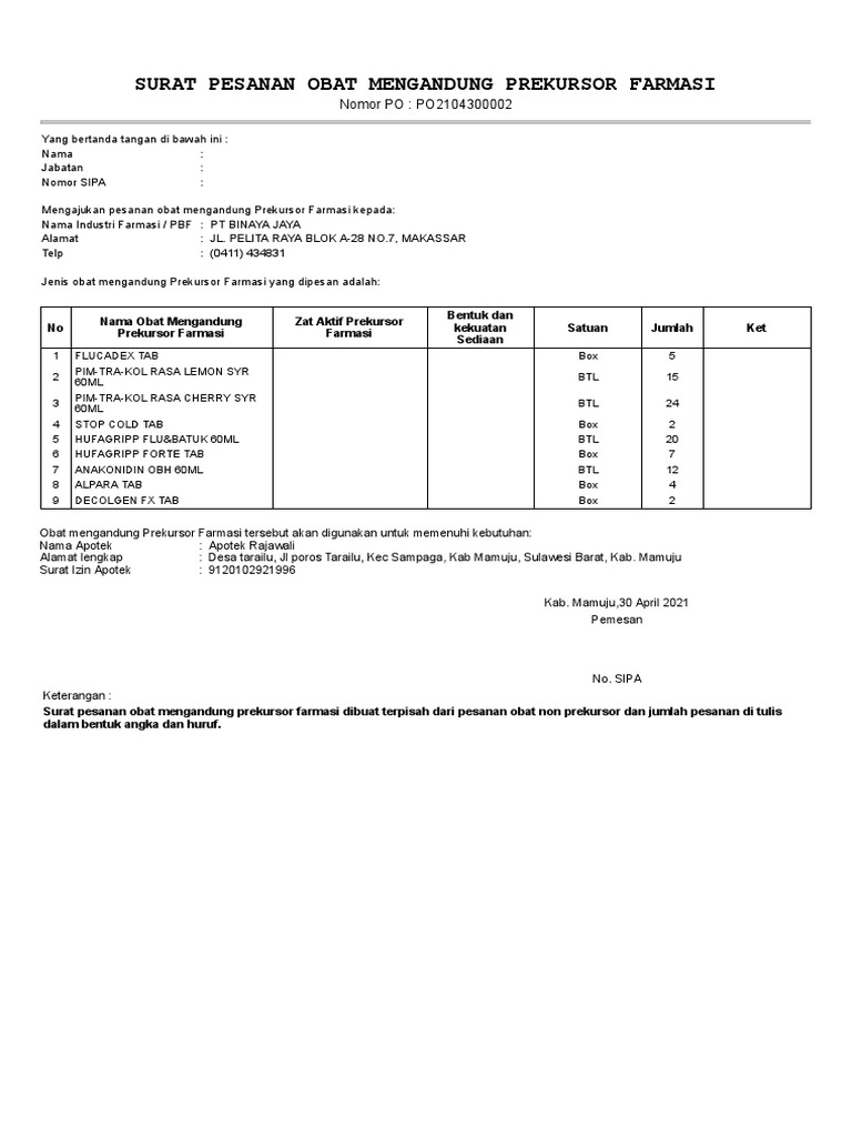 Surat Pesanan Obat Mengandung Prekursor Farmasi Binaya 30 April 2021 | PDF