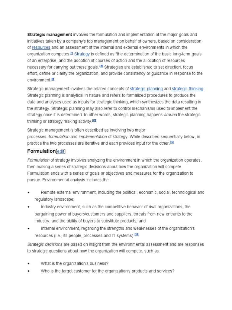 Resources Strategy: Strategic Management Involves The Formulation and ...