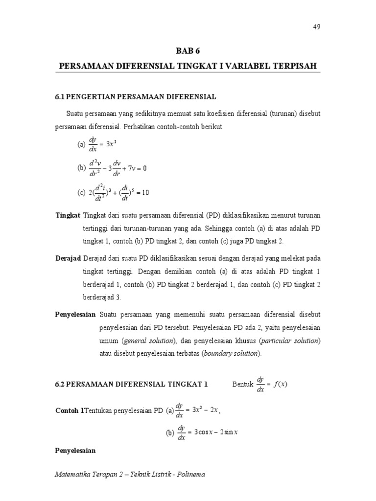Bab 6 Persamaan Diferensial Tingkat 1 Variabel Terpisah | PDF